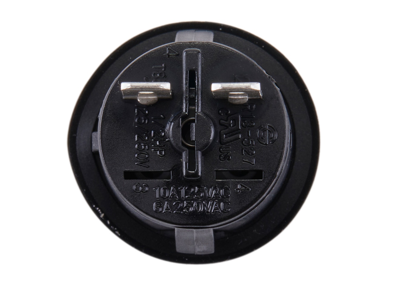 Black momentary switch, push fit, 12/24V