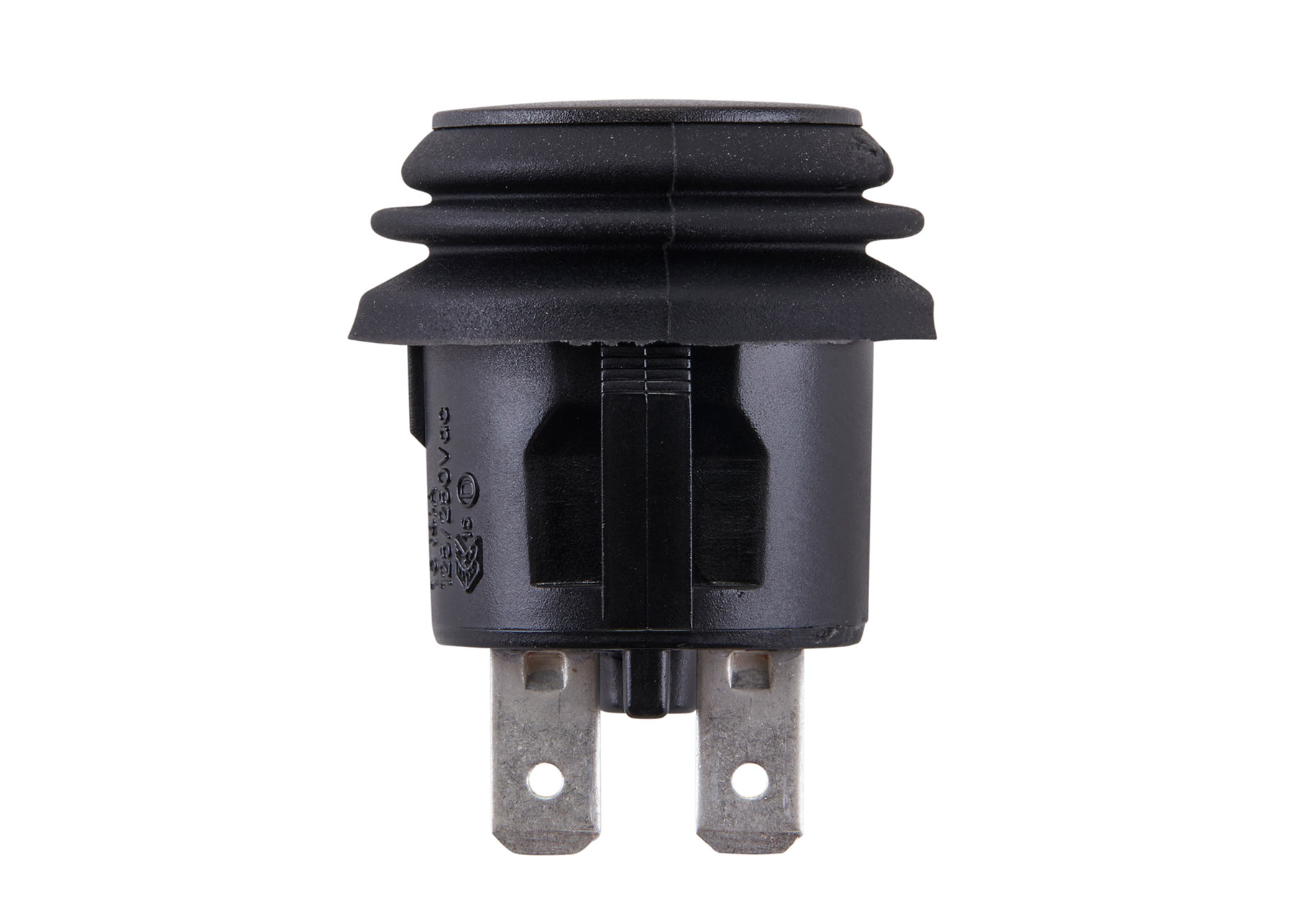 Black momentary switch, push fit, 12/24V